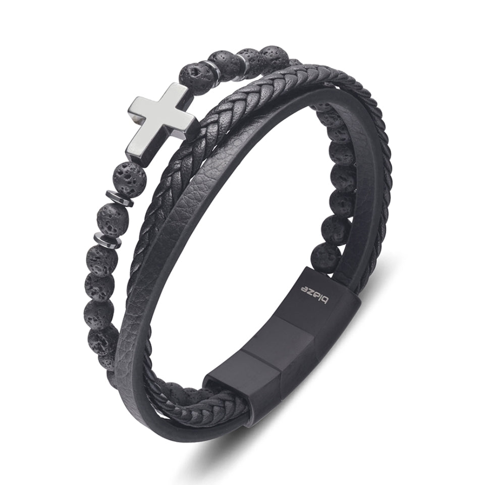 Achilles Cross Mens Leather Bracelet Black – Jurnii